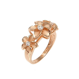 Arthur's Jewelry Pink rose gold plated sterling silver 925 Hawaiian 3 cz plumeria flower ring size 7