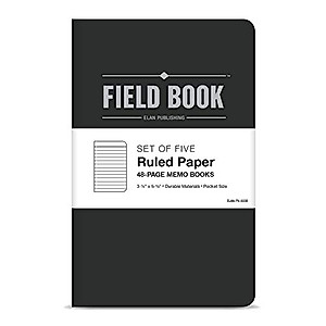 Elan Publishing Company Field Notebook / Pocket Journal - 3.5"x5.5" - Black - Lined Memo Book - Pack of 5
