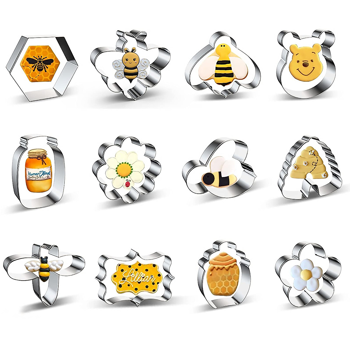 Bee Cookie Cutters Set Small Mini - 3 Inch - 12 Pieces Stainless Steel Biscuit Mold Cutter with Bee, Hexagon Honeycomb, Beehive, Flower, Honey Jar, Plaque Frame, Cartoon Bear Head Shapes Cookie Cutter