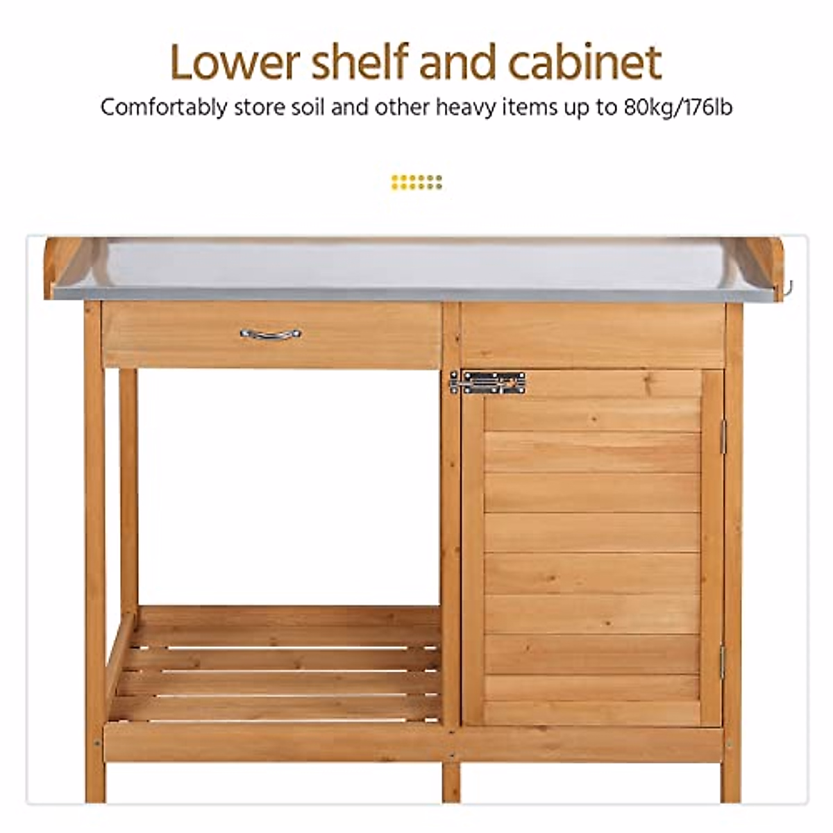 Yaheetech Outdoor Potting Bench Table, Garden Workstation w/Metal Tabletop/Cabinet Drawer/Open Top/Lower Shelf/Handy Hooks for Horticulture, Natural Wood