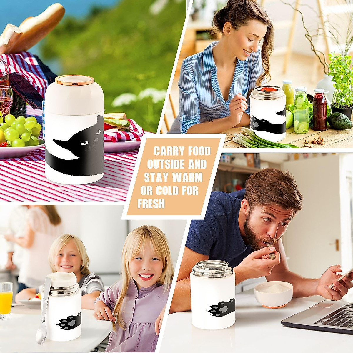 CUPADA Cat Paw Food Jar for Hot and Cold, Black Cat Insulated Food Jars Vacuum 17OZ with Folding Spoon for Work Trip Picnic Camping