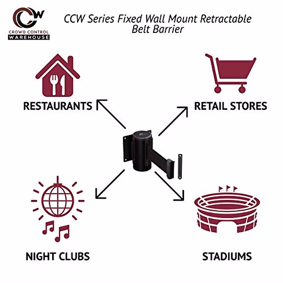 Crowd Control Warehouse - CCW Series WMB-125 Fixed Wall Mount Retractable Belt Barrier - 11 Foot, Yellow"Caution: DO NOT Enter" Belt with Black Steel Case