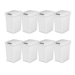 Sterilite 10438004 7.5 Gallon Slim Profile TouchTop Wastebasket with Titanium Latch, Fits 8 Gal Trash Can Bags, Locks in Garbage Bin Odors, White 8 Ct