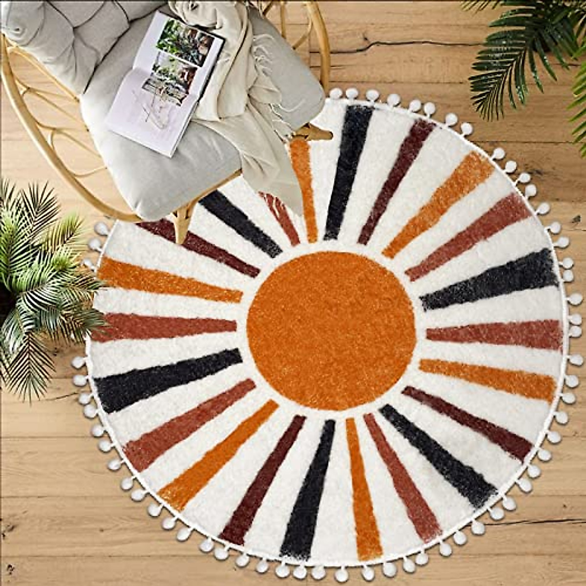 Molili Sun Boho Area Rug for Bedroom 4ft, Modern Abstract Round Nursery Rugs for Kids Room Washable Soft Circle Non-Slip Floor Rugs for Living Room Laundry Room Bathroom Home Dorm Entryway