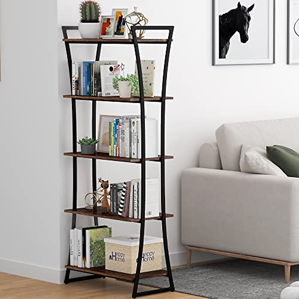 Pabroni Bookshelf Organizer 5-Tier Bookshelf Storage Rack, Rustic Standing Bookcase, Industrial Wood Metal Storage Book Shelves Unit for Home Office, Living Room and Bedroom