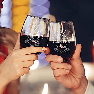 Set of 2 Mr and Mrs Personalized Stemless Wine Glasses - Engraved Custom Monogrammed Glassware Gifts