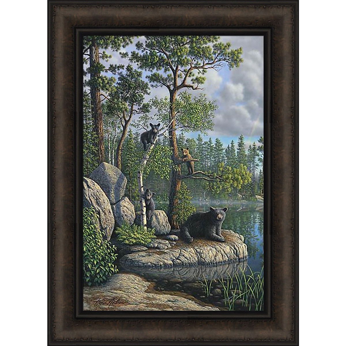 The Guardian by Kim Norlien 16x22 Black Bears Mama Bear Cubs Trees Rocks Lake Framed Art Wall Décor Print Picture