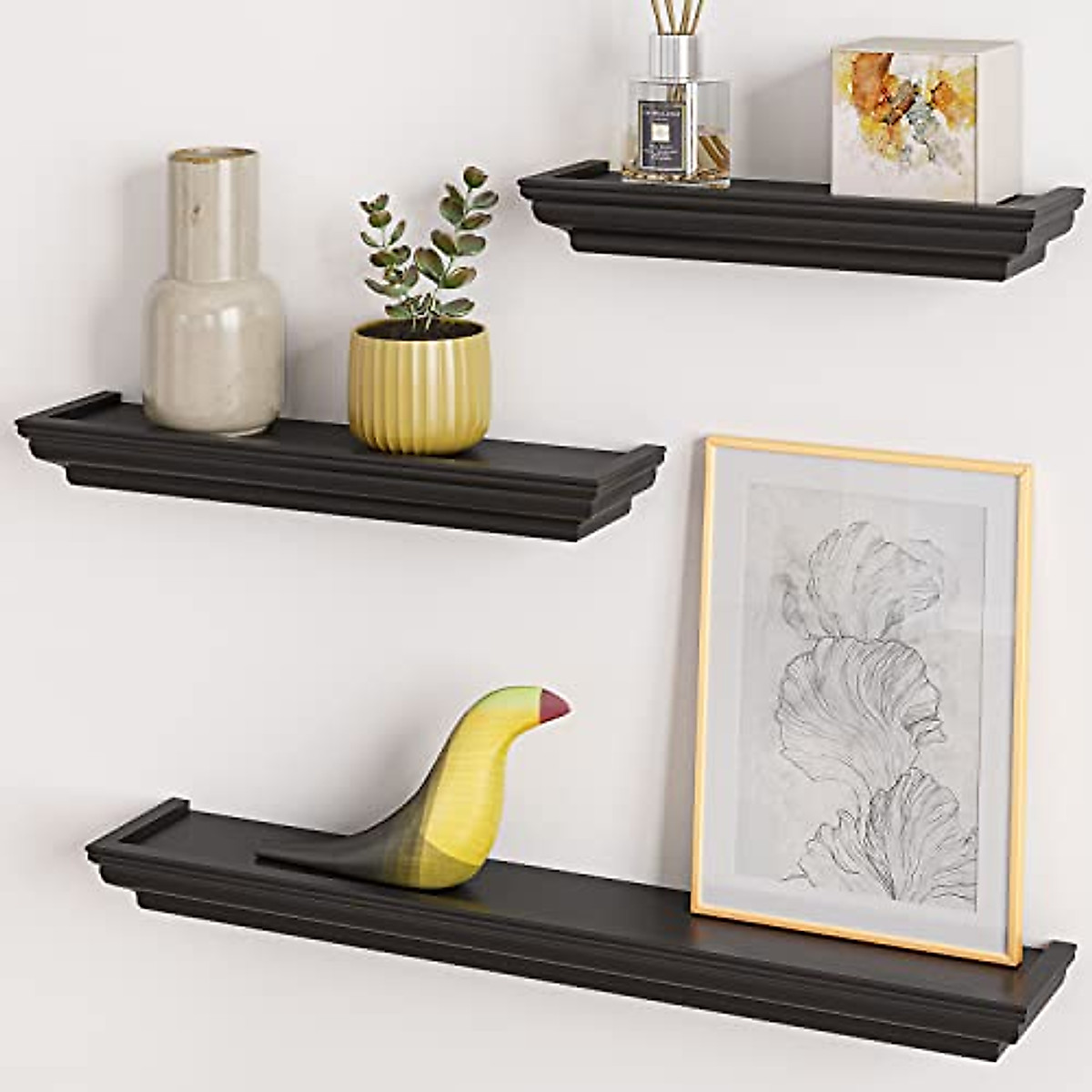 Ballucci Set of 3 Crown Molding Style Floating Wall Shelves, Wooden Ledges for Living Room, Bedroom, Bathroom, Kitchen, Office; 24, 16, 12" - Black