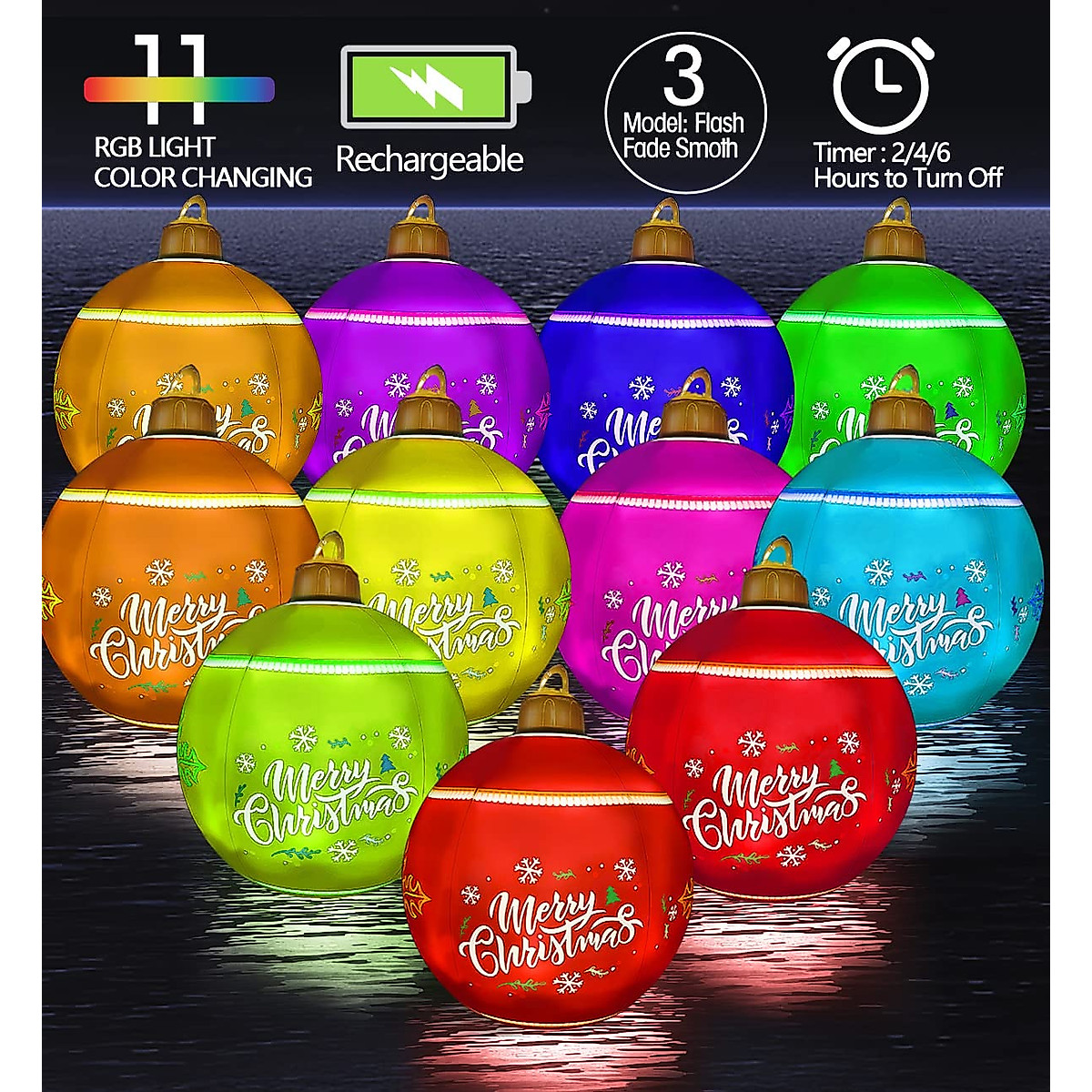 IOKUKI Light Up PVC Inflatable Christmas Ball, 24 Inch Large Outdoor Christmas PVC Inflatable Decorated Ball with Rechargeable LED Light & Remote for Outdoor Yard & Pool Decorations 1 PCS