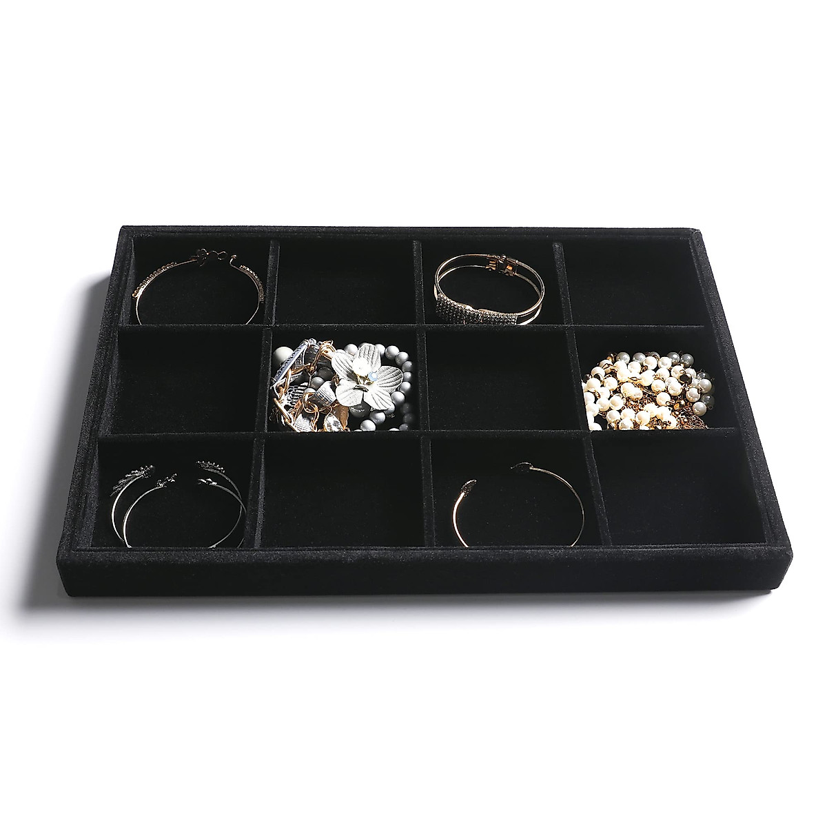 Frebeauty Stackable Velvet Jewelry Organizer Trays for Drawers Inserts Jewelry Storage Tray Display Case Stud Earrings Bracelets Necklace Rings Accessories Trays for Women Girl(Set of 4)(Black).