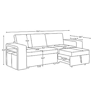Bumblr 93" Modular Sectional Couches for Living Room Furniture, Comfy L Shape Couch with Chaise, Pull Out Couch with 2 Ottomans, Wide Sofa Armrest with Storage Space, Dark Grey