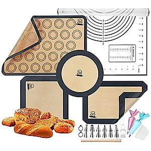 Silicone Baking Mat Set Rolling Pin Non Stick Dough Baking Sheet Pastry Mat Set for Cookie Macaroon Pizza Heat Resistant Non Slip Silicone Food Grade Sheets Mats Reusable Food Safe Liners