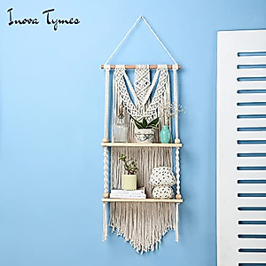 INOVA TYMES Macrame Wall Hanging Shelf 2 Tier - Boho Bedroom Decor | Macrame Wall Decor | Boho Shelf Decor, Hanging Shelves for Wall, Woven Rope Floating Wood Shelves & Storage for Small Plants Books