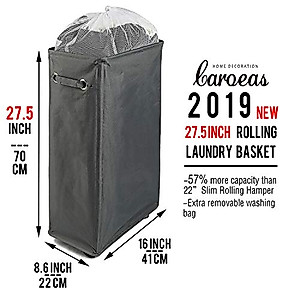 Laundry Hamper, Caroeas 27.5-inches Rolling Laundry Basket Collapsible Tall Slim Laundry Hamper with Washable & Breathable Mesh Liner Waterproof & Dustproof Laundry Cart on Wheels