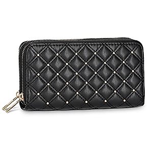 Quilted Wristlet - Double Zipper Stud Wallets for Women - Large Capacity Purse Organizer Clutch (Black)