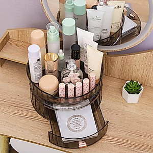 Cq acrylic 360 Rotating Makeup Organizer for Vanity,Bathroom Countertop Organizer Spinning Organizer with Drawer,Large Capacity Cosmetics Storage Box Skin Care Organizers for Bedroom Vanity Desk,Grey