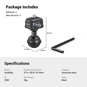 SmallRig Quick Release Ballhead with 1/4" Screw, Drop-in HawkLock Ball Head Clamp for Magic Arm Clamp, Quick Release for Field Monitor, Camera, Light, Max Load of 5kg, Aluminum Alloy - 3600