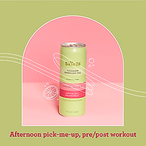 SKINTE Collagen Sparkling Tea Organic Green Tea with Grapefruit | 12 oz (Pack of 12) | Antioxidants and Vitamin C | 3000mg Collagen Peptides | Benefits Skin, Mood and Immunity | Zero Added Sugar