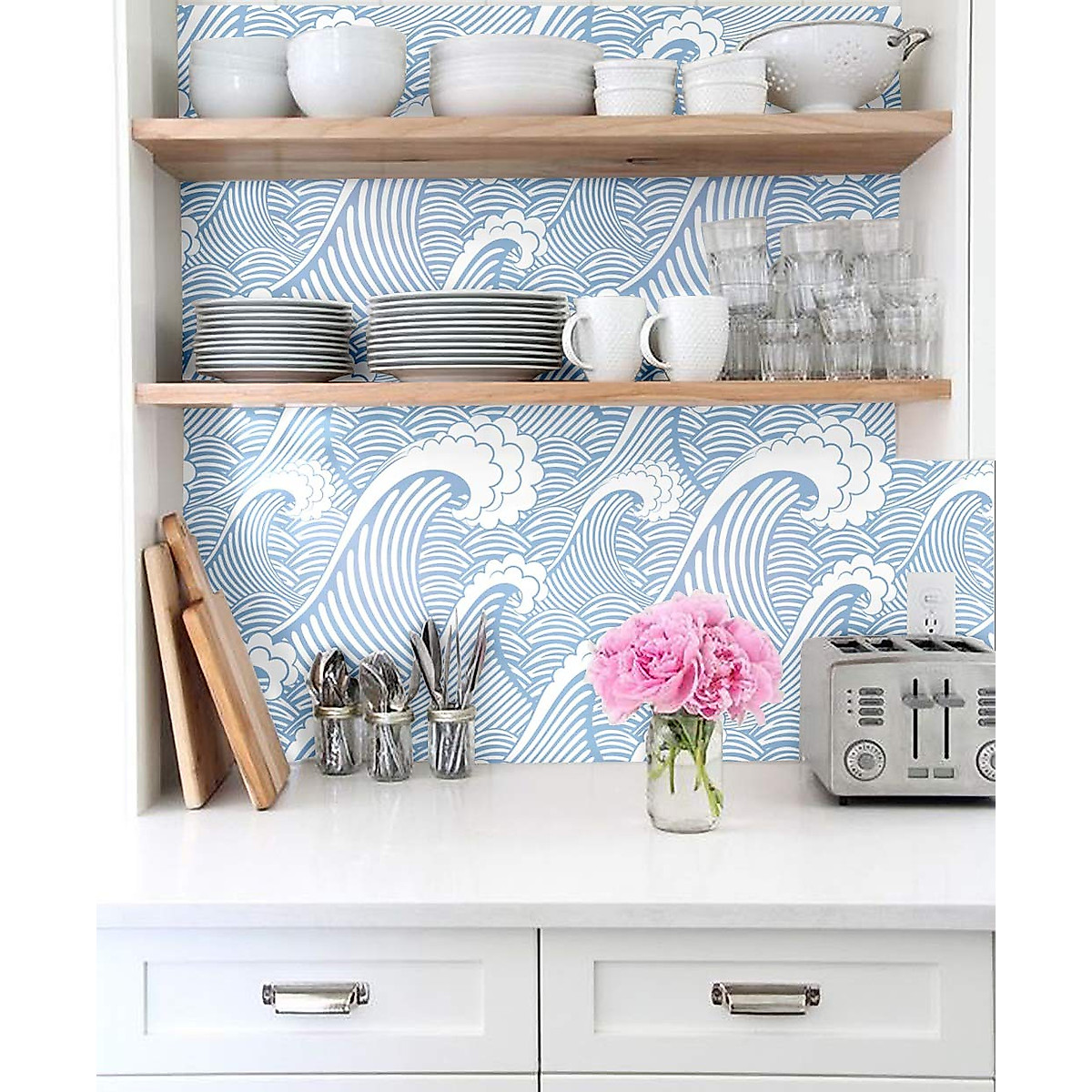 Cute Sea Waves Adhesive Shelf Liner Peel & Stick Dresser Drawer Sticker Cabinet Sticker Furniture Contact Paper, 17.7 Inch by 9.8 Feet (17.7 Inch by 9.8 Ft, Blue/White)