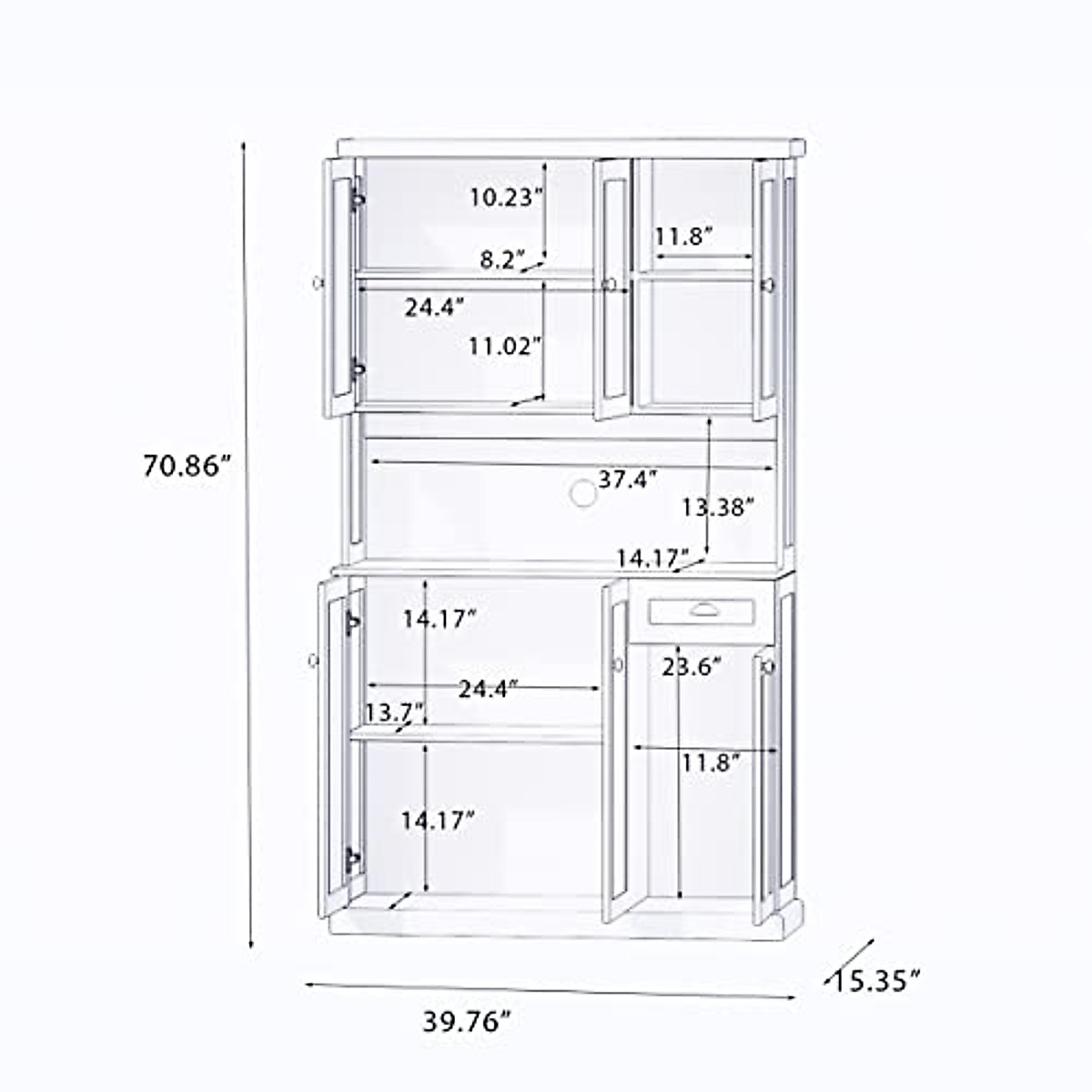 RASOO 71" Pantry Cabinet Kitchen Hutch Buffet Sideboard Oven Countertop Storage Microwave Cabinet with 3 Doors Upstairs and 3 Doors downstairs and 1 Drawer, White