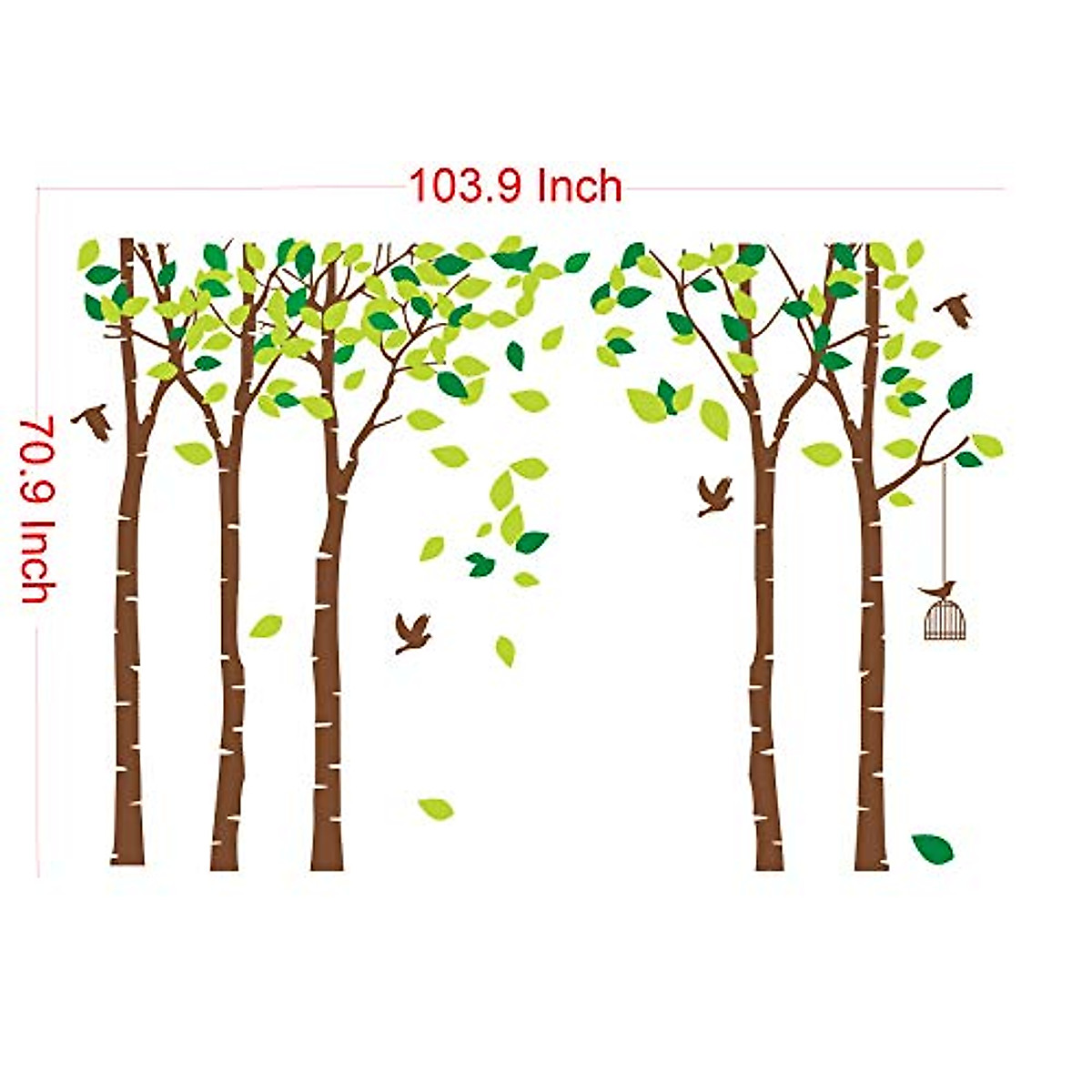 Large Five Family Trees with Birds and Birdcage Jungle Tree Wall Decal Removable Vinyl Sticker Mural Art Baby Girl Nursery Decor Baby Room Decor Kids Room Decor (103.9x70.9) (Brown)