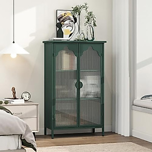 2-door Metal Storage Cabinet, Buffet Cabinet, Display Cabinet with Glass Door, with Magnetic Arched Corrugated Glass Door, Adjustable Feet, Suitable for Dining Room, Living Room, Bedroom, Dark Green