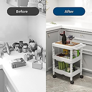 KLONVS 3-Tier Plastic Rolling Utility Cart with Handle, Multi-Functional Storage Trolley for Office, Living Room, Kitchen, Movable Storage Organizer with Wheels, White