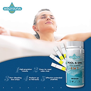 Aqualuna Pool and Spa Test Strips 100 Counts: 3 Way Hot Tub Test Kit Testing for Free Chlorine/Bromine, Total Alkalinity and pH. Easy and Accurate Spa Test Strips for Hot Tub