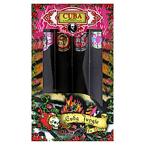 Cuba Original by Parfums Des Champs Jungle Collection 4-Piece Perfume Variety Gift Set - Includes Cuba Snake, Cuba Tiger, Cuba Zebra, and Cuba Heartbreaker - 1.17 Oz Perfume (EDP) Each