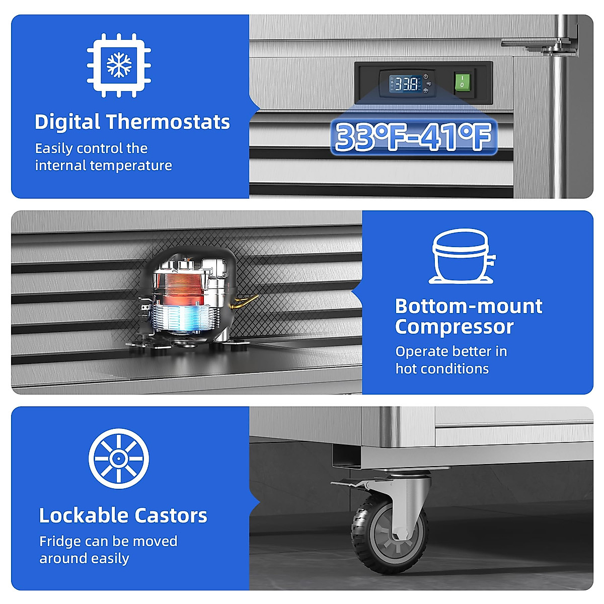 Coolski 54'' W Commercial Refrigerator, Stainless Steel Reach-in Refrigerator with 49 Cu.Ft Capacity/8 Shelves/LED Lighting/33℉~41℉/ETL Approved