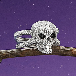 Ross-Simons 0.50 ct. t.w. Black and White Diamond Skull Ring in Sterling Silver. Size 5