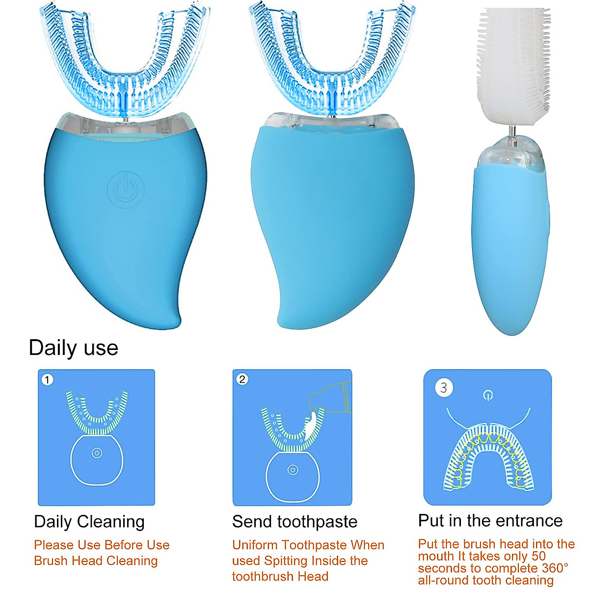 BESUNTEK 360°Ultrasonic Electric Toothbrush Sonic Toothbrush for Adults,Waterproof Washable and Reusable Sonic Automatic Toothbrush with U-Shaped Silicone Toothbrush Head (Blue)