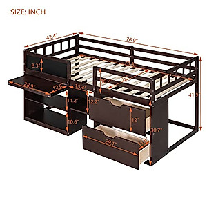 Merax Low Loft Bed Twin with Storage, Solid Wood Bed Frame with Rolling Desk and Drawers, No Box Spring Needed, for Boys & Girls (Espresso)
