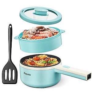 Reemix Hot Pot Electric With Steamer, 1.6L Ramen Cooker Non-Stick Sauté Pan for Steak, Egg, Fried Rice, Ramen, Oatmeal, Soup, Portable Personal Hot Pot Perfect Suit for Dorm Room and Apartment (Aqua)