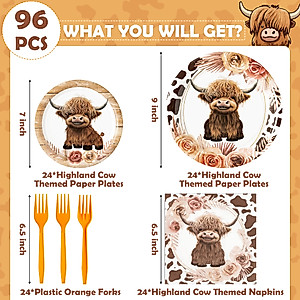 G1ngtar 96Pcs Highland Cow Party Plates Supplies Farmhouse Cow Cattle Party Tableware Decorations Farm Animal Disposable Paper Plates Napkins Forks for Kids Birthday Baby Shower, Serves 24 Guests