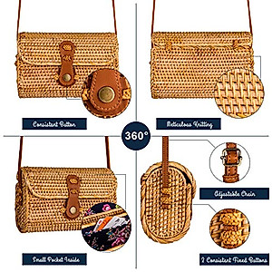 Natural NEO Clutch Wallet Straw Bag Boho Circle Crossbody Purse Rattan Hand Woven For Women Small Shoulder Crossbody Necessities Bags Wicker Purses In Summer Vacation With Flower Patterns