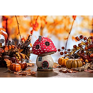 TERESA'S COLLECTIONS Mushroom Garden Statues Pink Fairy House Solar Light for Home and Outdoor Decor,Resin Garden Miniature Yard Art for Patio Deck Porch Decorations, 7.5 inch