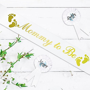 CoolerthingsDG, 3pcs, with gold Letters,Baby Shower Button New Dad Gifts Gender Reveals Party for Baby Boy White Rosette Button Baby Celebration ( Blue footprint)