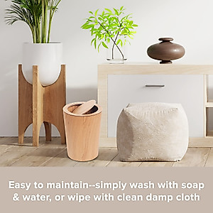 Modern Round Trash Can with Lid,Real Wood Waste Basket in Light Brown,9.25"x7.5"x11.8",8L/2.1Gal Swing Top Small Trash Can, Living Room, Office & Bathroom Den Loft Garden Patio