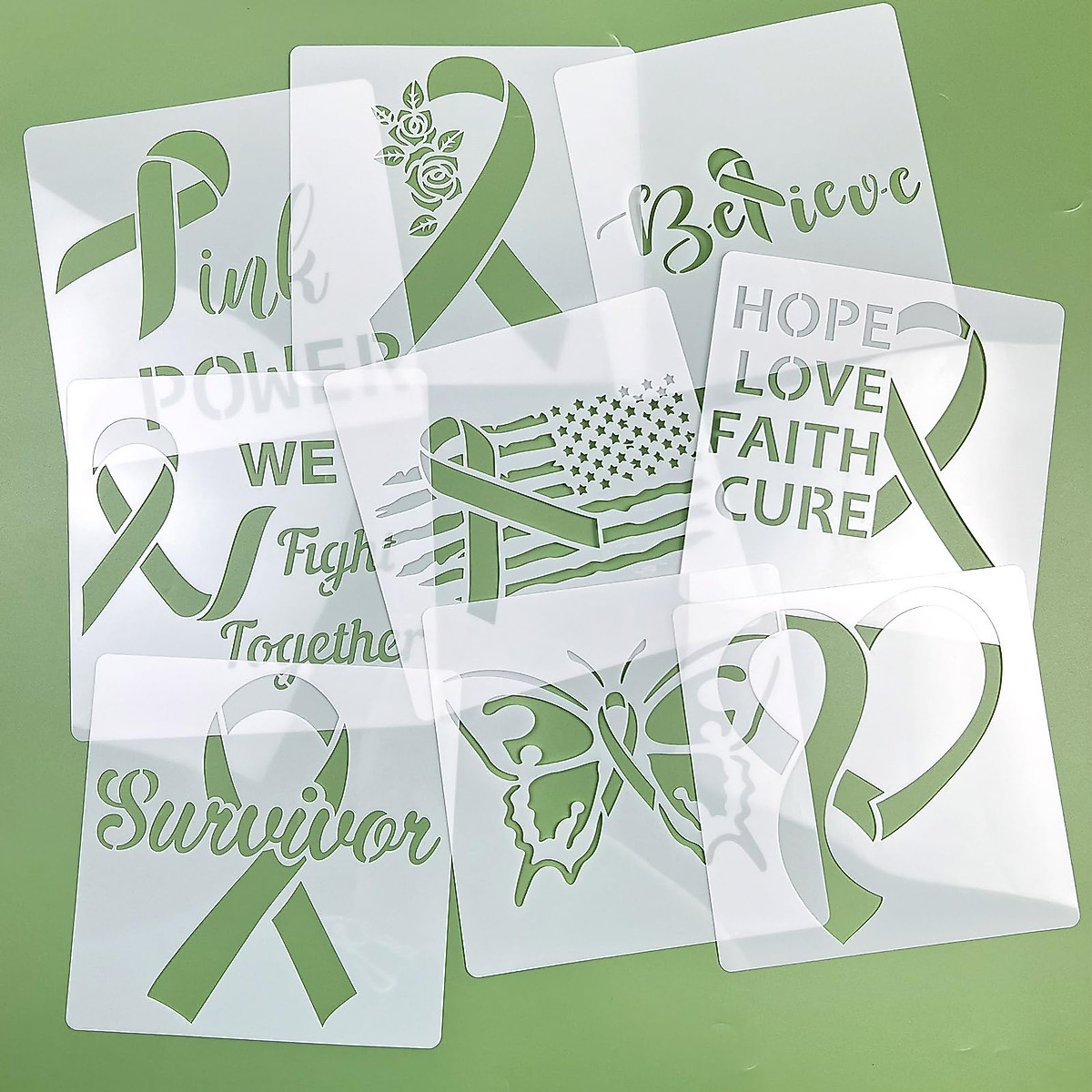 9 Pcs Breast Cancer Raise Awareness Ribbon Stencils, Reusable Stencils Including Believe/Pink Power/Survivor for Painting on Wood Cloth Face Body Survivor Gifts for Breast Cancer Event 6"x6"