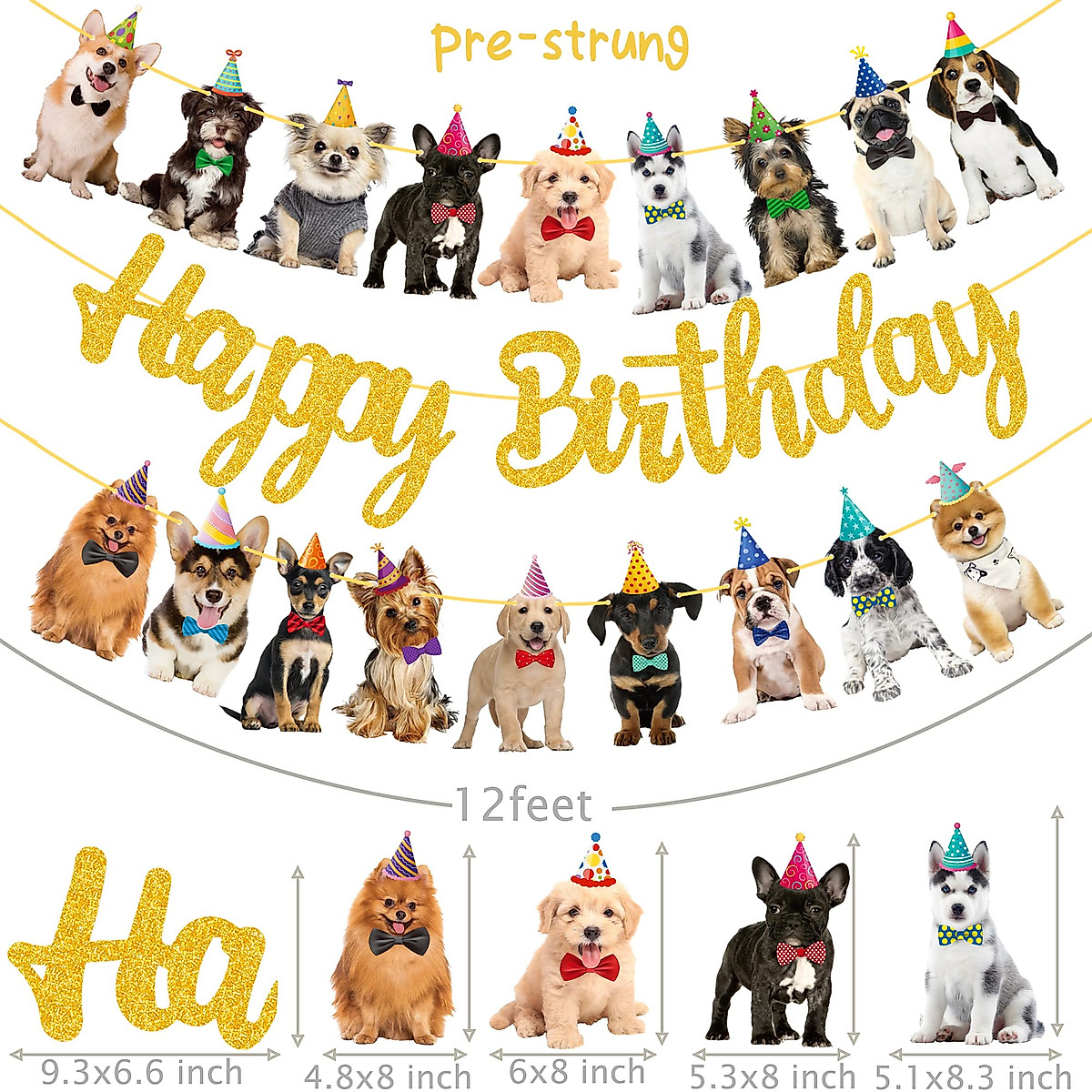 Dog Happy Birthday Banner Decorations Baby Dog Birthday Party Supplies Gold Glitter Puppy Birthday Banner Decorations for Pet Dog Theme Party Bunting Decoration Baby Shower Party Supplies