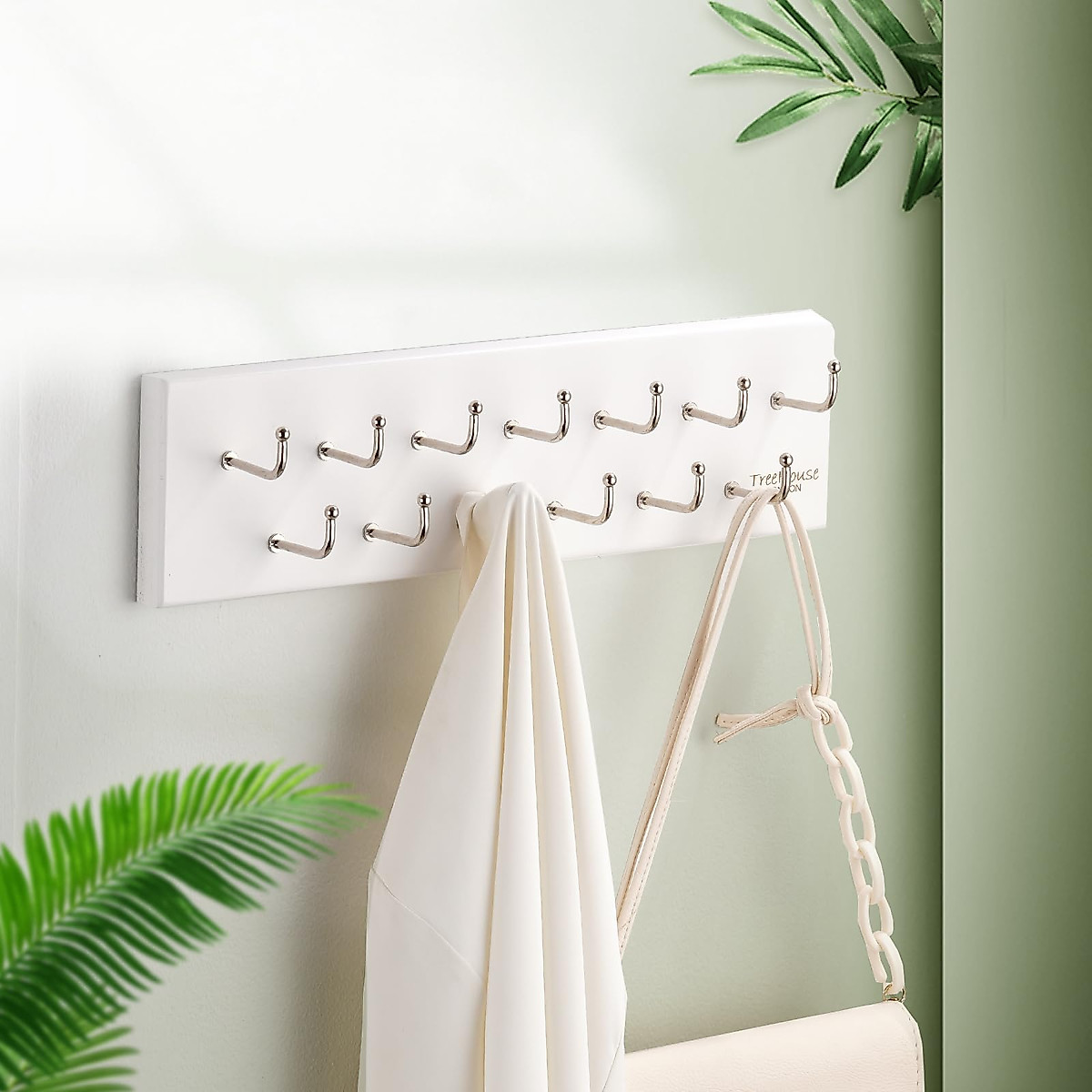 Treehouse Belt Organizer Rack, Holds Over 28 Large Belts, Sturdy Metal & Solid Wood Storage Holder for Closet, Versatile, Wall Mounted Belt & Tie Display Hanger for Bedroom - (White) 16''L x4.25''H