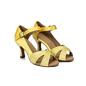 Minishion Women's TH038 Sparkling Yellow Satin Wedding Ballroom Latin Taogo Dance Sandals US 9.5