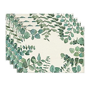Artoid Mode Eucalyptus Leaves Summer Placemats for Dining Table, 12 x 18 Inch Spring Seasonal Holiday Rustic Vintage Washable Table Mats Set of 4