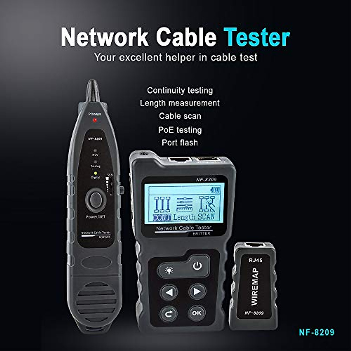 Network Cable Tester RockyMars NF8209, Wire Tracker with PoE Testing, Port Flash, Cable scan, Length Measurement, and Continuity Testing Function for CAT5e/CAT6/CAT6a, LCD Display