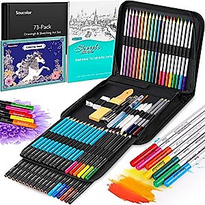Soucolor 73 Art Supplies for Adults Teens Kids Beginners, Art Kit Drawing Supplies Sketching Set, Drawing Pencils Set Zipper Gift Case: Sketch Book, Coloring Book, Metallic Charcoal Pencils Stuff