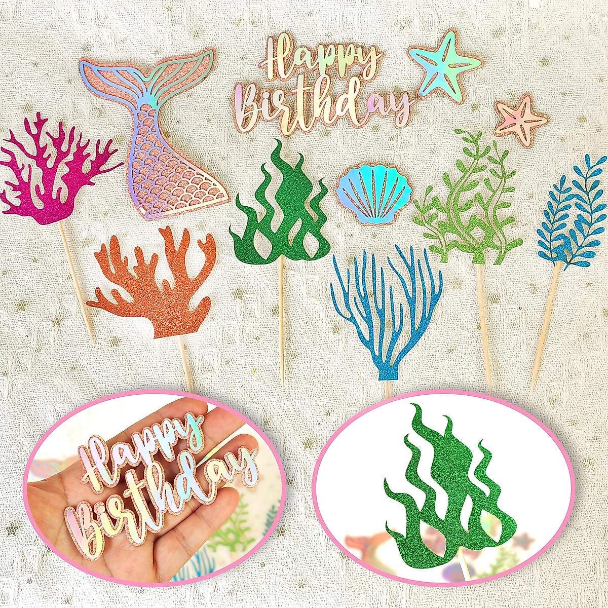 20 PCS Mermaid Cake Toppers with 3D Mermaid Seaweed Folding Fans Shell Starfish Cake Decoration for Kids Girls Birthday Party Baby Shower Supplies (STYLE1)