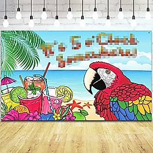 It's 5 O'clock Somewhere Backdrop Parrot Pattern Summer Tropical Sea Beach Photo Booth Backdrop Background Banner for Summer Tropical Luau Hawaiian Aloha Party Decoration Supplies, 71 x 43 Inch