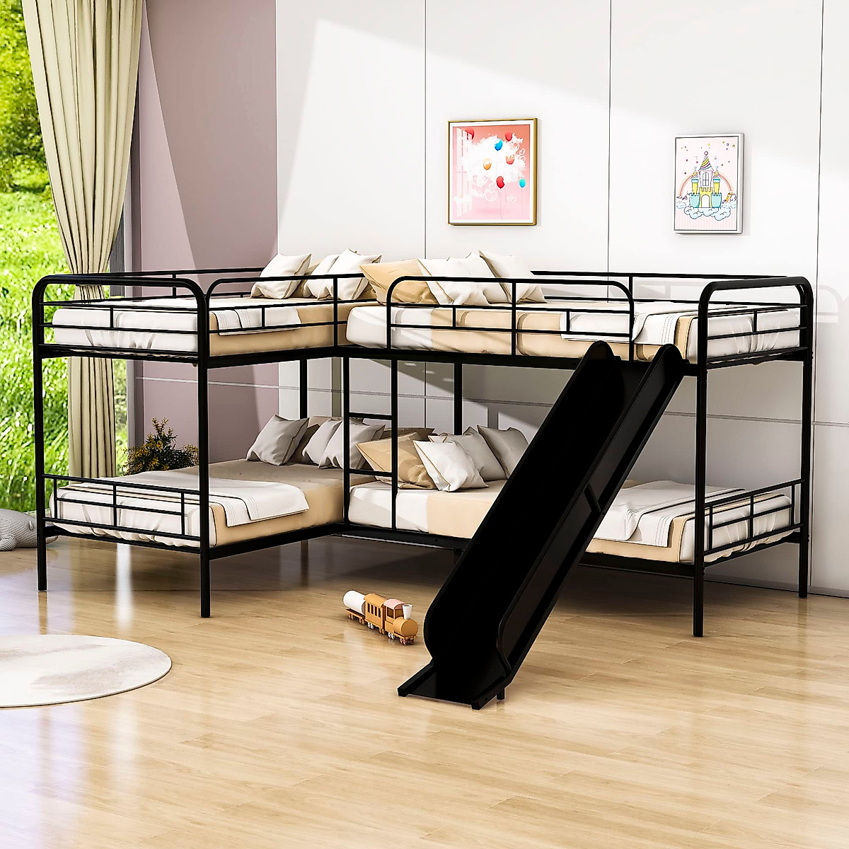 Twin Size L-Shaped Bunk Bed with Slide for 4, Metal Twin Bunk Bed Frame with Ladder, Bedroom Living Room