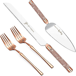 Wedding Cake Knife and Server Set, 420 Stainless Steel Rose Gold Cake Cutter and Pie Server Slicer, Rhinestones Studded Handle Cake Cutting Set for Wedding Gifts, Engagement Gifts for Groom and Bride